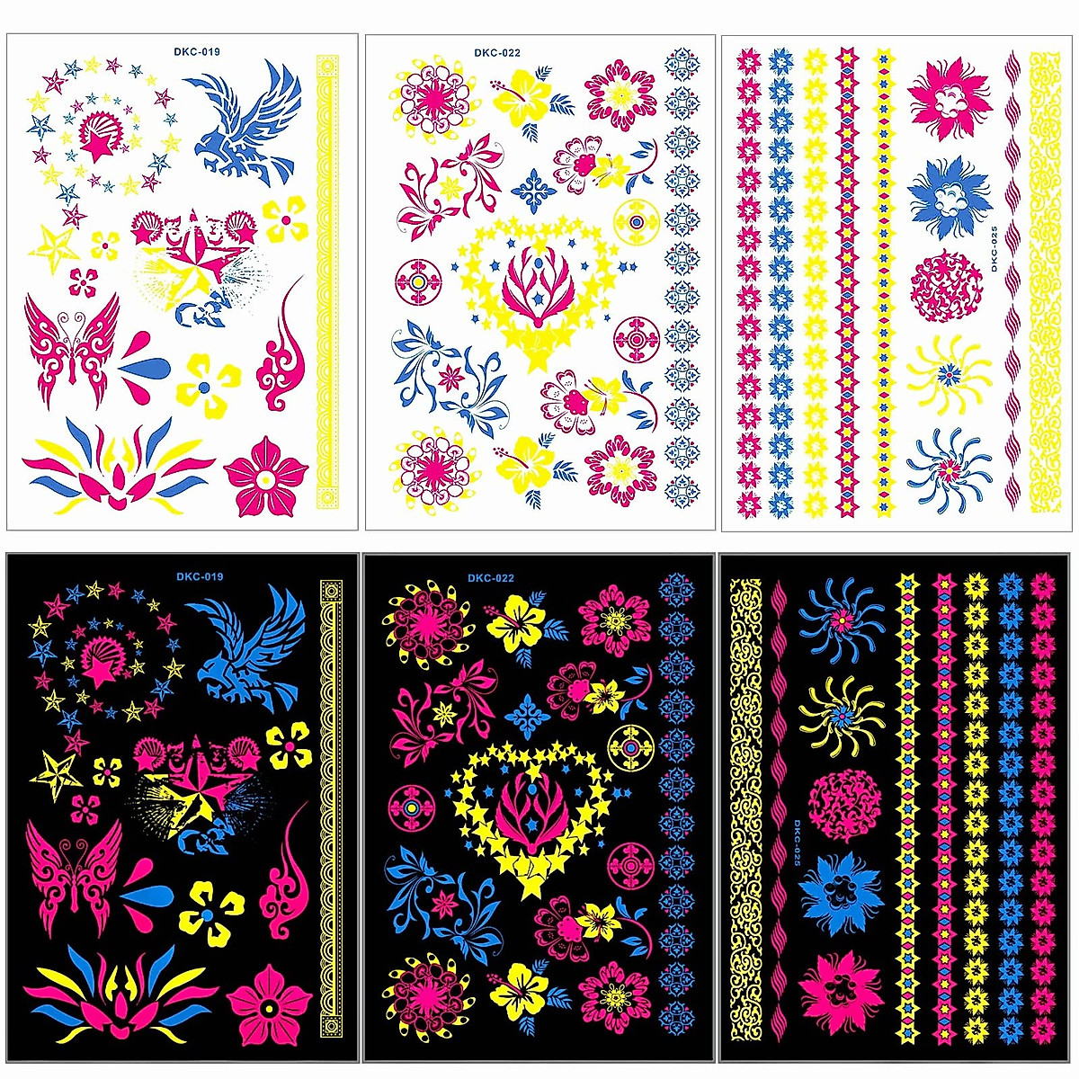 8 Large Sheets Neon Temporary Tattoos Glow In The Dark Neon Tattoos for Party Decoration Fake Tattoos UV Blacklight for Adults Kids Birthday Party Decoration