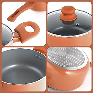 KroWallu Nonstick Pot and Pan Sets, 5-Piece Non-Toxic Ceramic Coating Cookware Sets With Tempered Glass Lids, Stay Cool Handle & Bamboo Kitchen Pots and Pans, Gas/Induction Compatible, PFOA Free