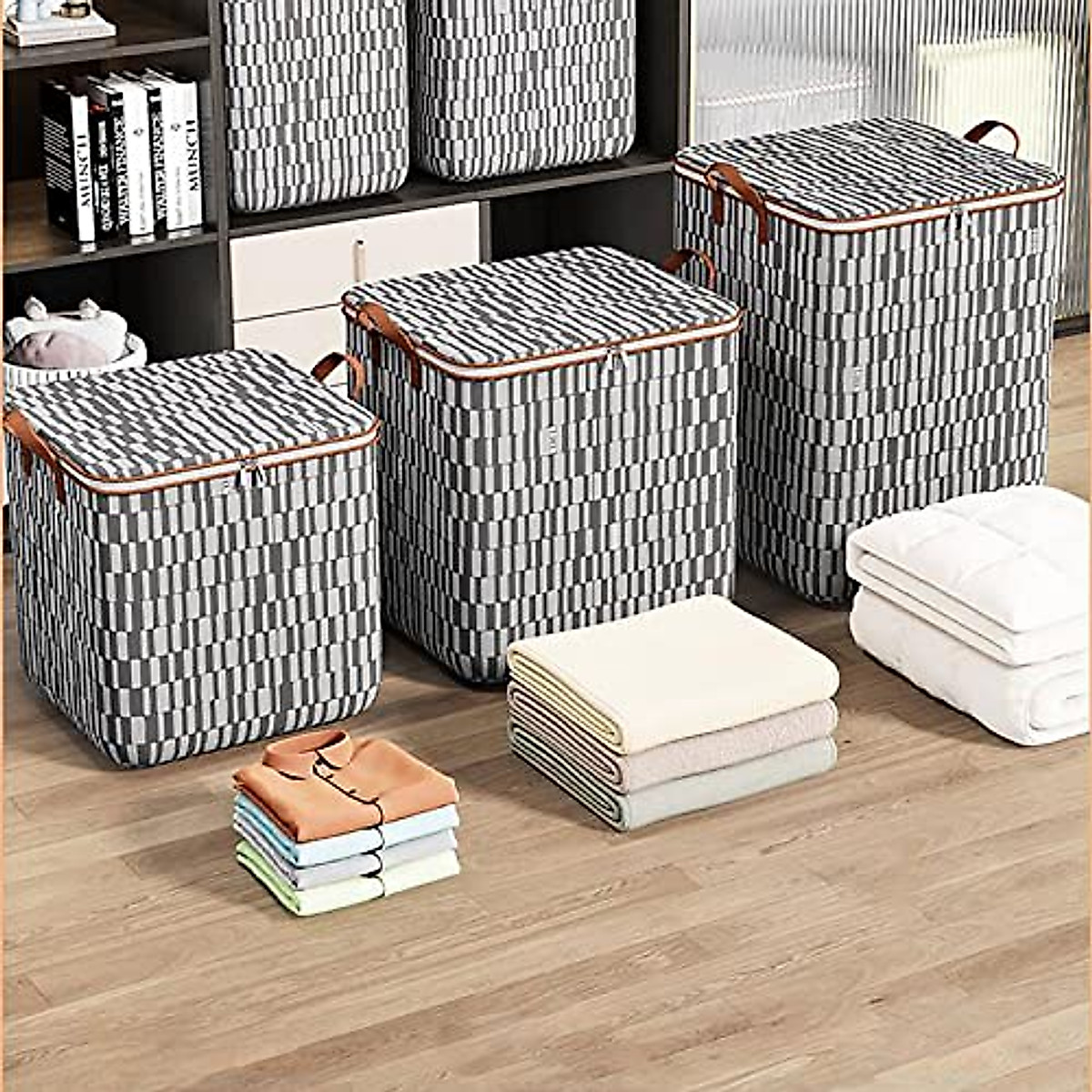 JIAJO Clothes Storage Bag with Dual-Zipper, 100-180L Exquisite Plaid Capacity Cylindrical Wardrobe Sorting Storage Box, Portable Storage Bag Winter Cup Storage Box (180L Capacity)