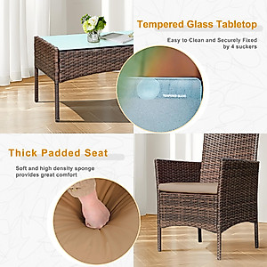 PROHIKER 4 Piece Outdoor Wicker Patio Conversation Furniture Set, Rattan Chair Wicker Sofa Garden Conversation Sets with Cushion and Glass Table for Yard Pool or Backyard, Brown/Khaki