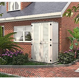 KINYING Outdoor Storage Shed Waterproof, Resin Vertical Storage Cabinet Double-Layered, Versatile to Store Patio Furniture, Garden Tools, Pool Accessories,Mower (52 Cu.ft,White)