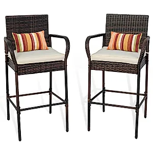 Sundale Outdoor Bar Stools Set of 2, 2 Piece Rattan Bar Stool Wicker Chairs, Patio Bar Height Chair with Arms, Cushion Beige, All-Weather Outdoor Rattan Furniture - Steel, Brown