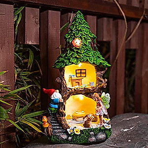 Ovewios Fairy House Statues Outdoor Decor, Large Garden Gnome House Figurines with Solar Lights Waterproof Resin Outdoor Statues for Patio Yard Lawn Decorations