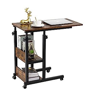 Hadulcet C Shaped Side Table Adjustable, Height Adjustable C Table with Wheels and Storage Shelves for Couch Bed Recliner Rustic Brown