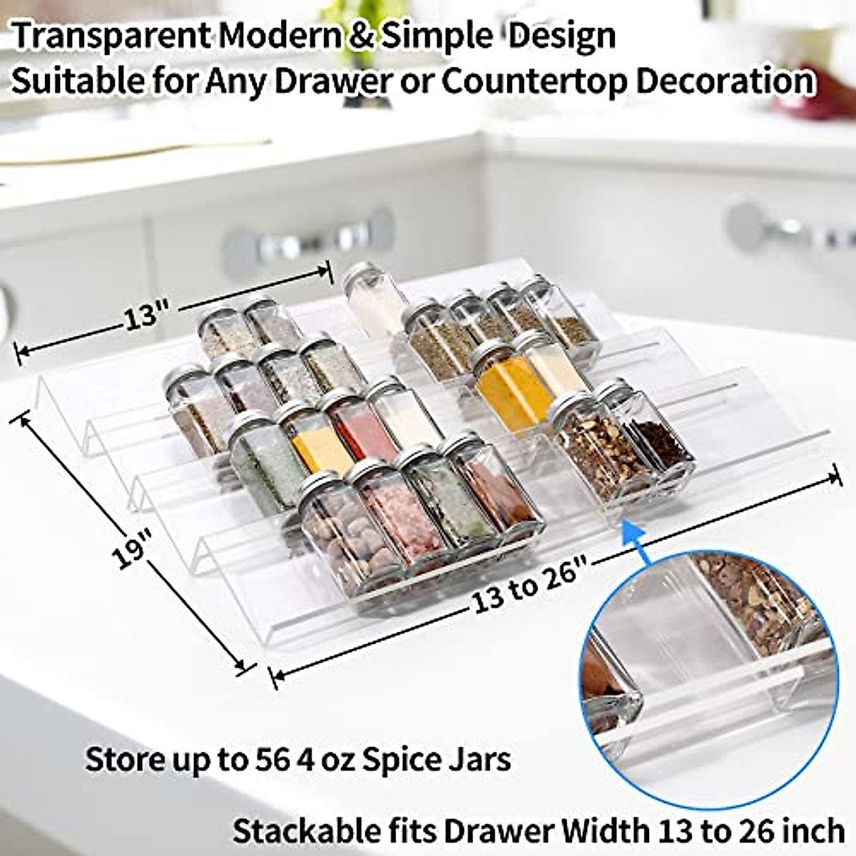 Clear Acrylic Spice Drawer Organizer, 4 Tier- 2 Set Expandable From 13" to 26" Seasoning Jars Drawers Insert, Kitchen Spice Rack Tray for Drawer/Countertop (Jars not included)