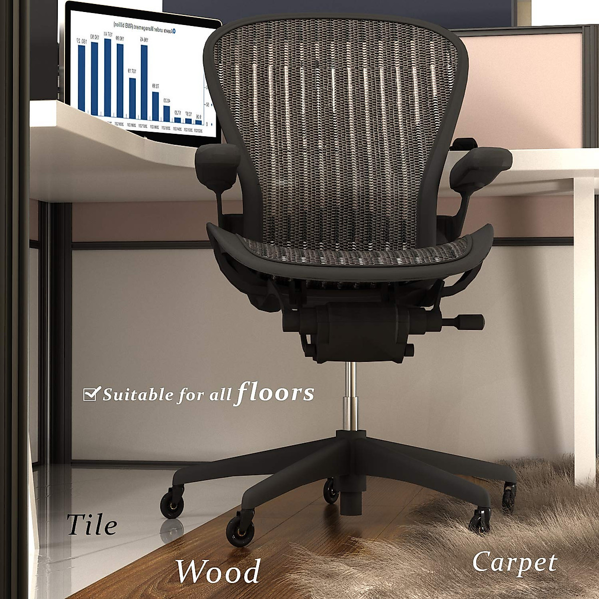 Office Chair Caster Wheels (Set of 5) [Heavy Duty, Soft Rubber, Fully Safe for All Floors incl. Hard-Wood] Desk Chair Roller Style Caster Wheel Replacement - Black Color