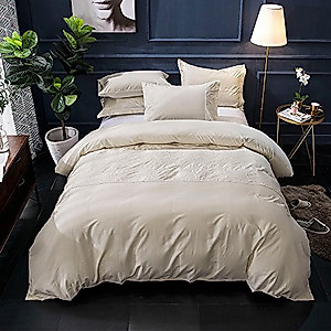 Merryfeel Cotton Duvet Cover Set,100% Cotton Embroidery with lace Duvet Cover Set- Cream- Full/Queen