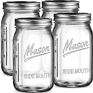 Regular Mouth Mason Jars 32 oz [6 Pack] With mason jar lids and Bands, mason jars 32 oz - For Canning, Fermenting, Pickling, Jar Decor - Microwave/Freeze/Dishwasher Safe + SEWANTA Jar Opener