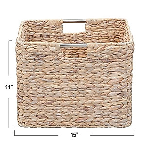 Household Essentials, White Wash Square Wicker Basket, Hyacinth Cube with Stainless Steel Handles, Intricate and Durable Weave, Sturdy Metal Frame