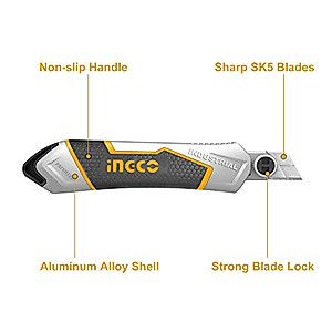 INGCO Retractable Utility Knife, Aluminum Box Cutter Heavy Duty with 6pcs Self Loading Quick Change Snap-off SK5 Blades for Cutting Box Paper Bag Carpet Carton Cloth HKNS1808