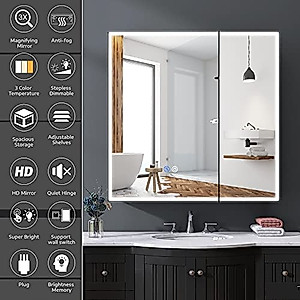 VESLINY Medicine Cabinets 30x32 LED Lighted Medicine Cabinet with Mirror for Bathroom Double Doors with Flip-Out Magnifying Mirror Door Storage Defogger Dimmable Lighting Black Surface Wall Mount