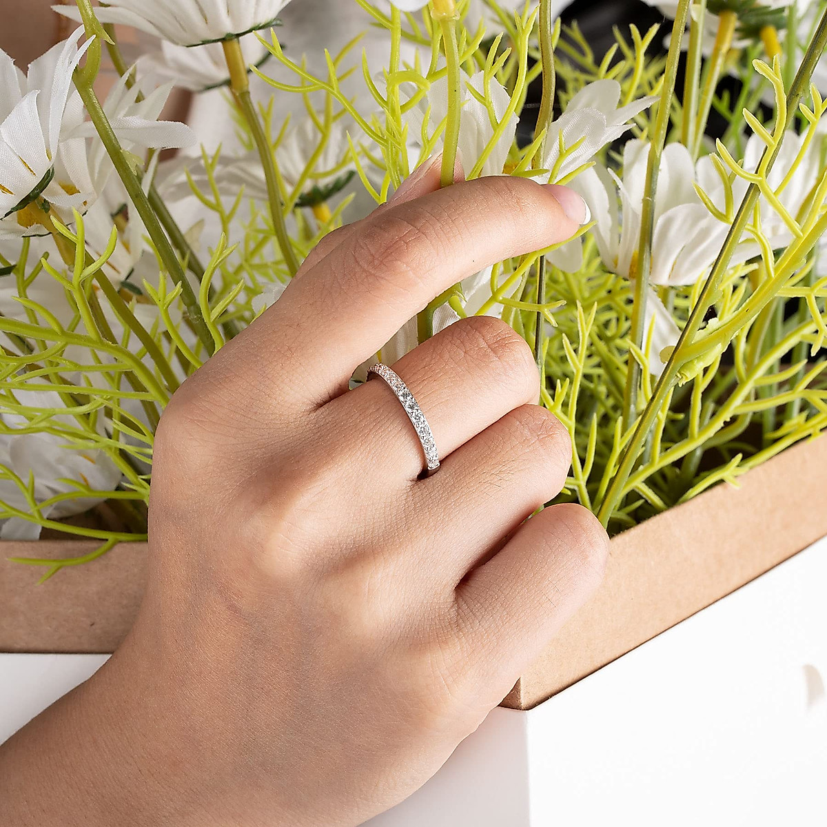 Ladylike Moissanite Wedding Band 925 Sterling Silver Wedding Rings 0.42ct D Color VVS1 Lab Created Half Eternity Stackable Anniversary Rings for Women