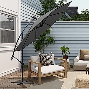 Sunnyglade 10Ft Solar LED Outdoor Adjustable Offset Cantilever Hanging Patio Umbrella with Cross Base for Backyard, Garden, Lawn and Garden
