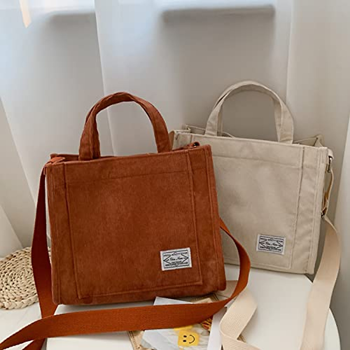 Fozehlad Corduroy Tote Bag for Women Small Satchel Shoulder Handbag Mini Travel Bag