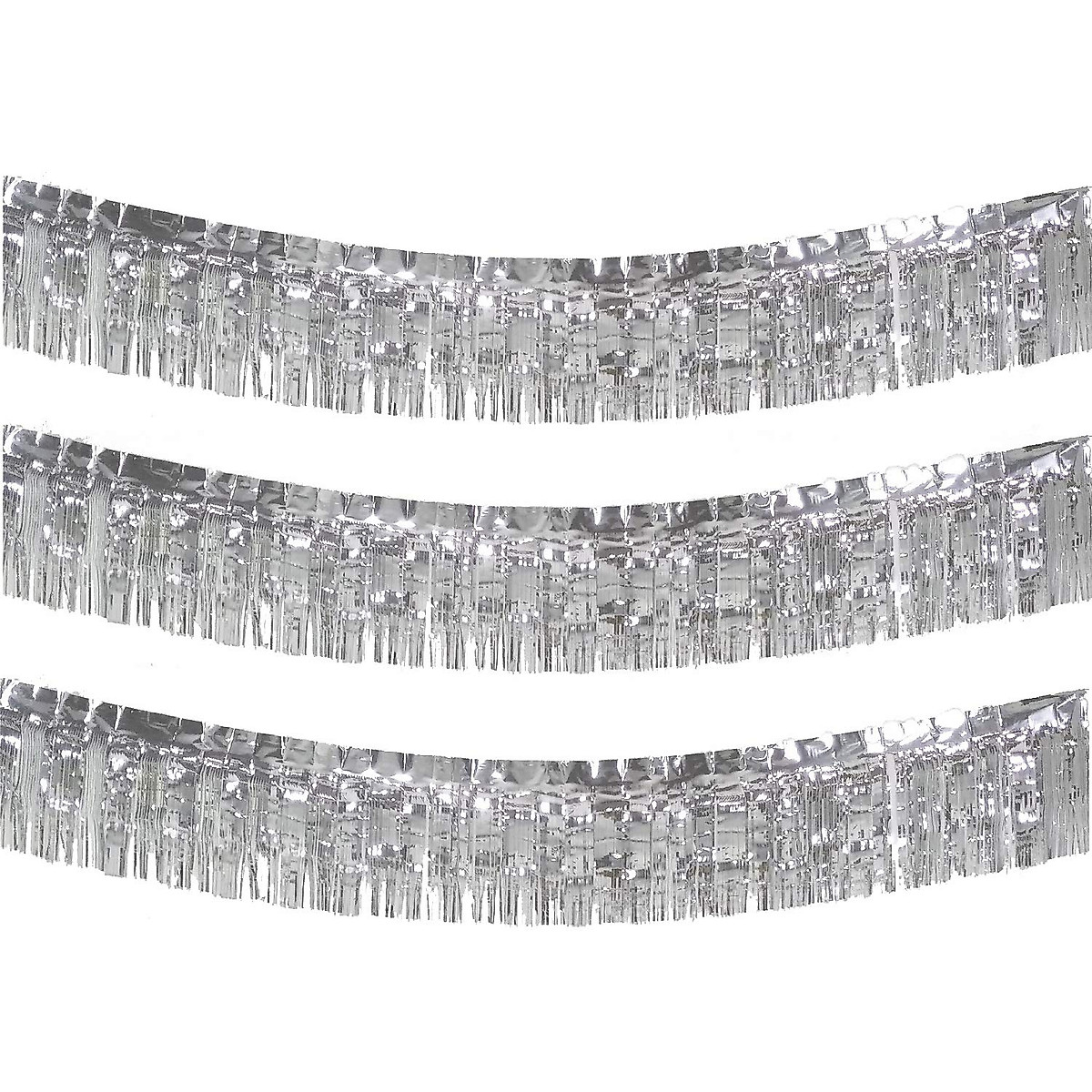 Blukey 10 Feet Long Roll Foil Fringe Garland - Pack of 3 | Shiny Metallic Tassle Banner | Ideal for Parade Floats, Bridal Shower, Wedding, Birthday | Wall Hanging Fringe Garland Banner (Silver)