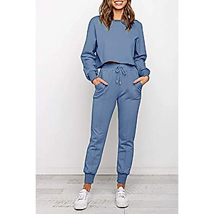 ZESICA Women's Long Sleeve Crop Top and Pants Pajama Sets 2 Piece Jogger Long Sleepwear Loungewear Pjs Sets,Blue,Large