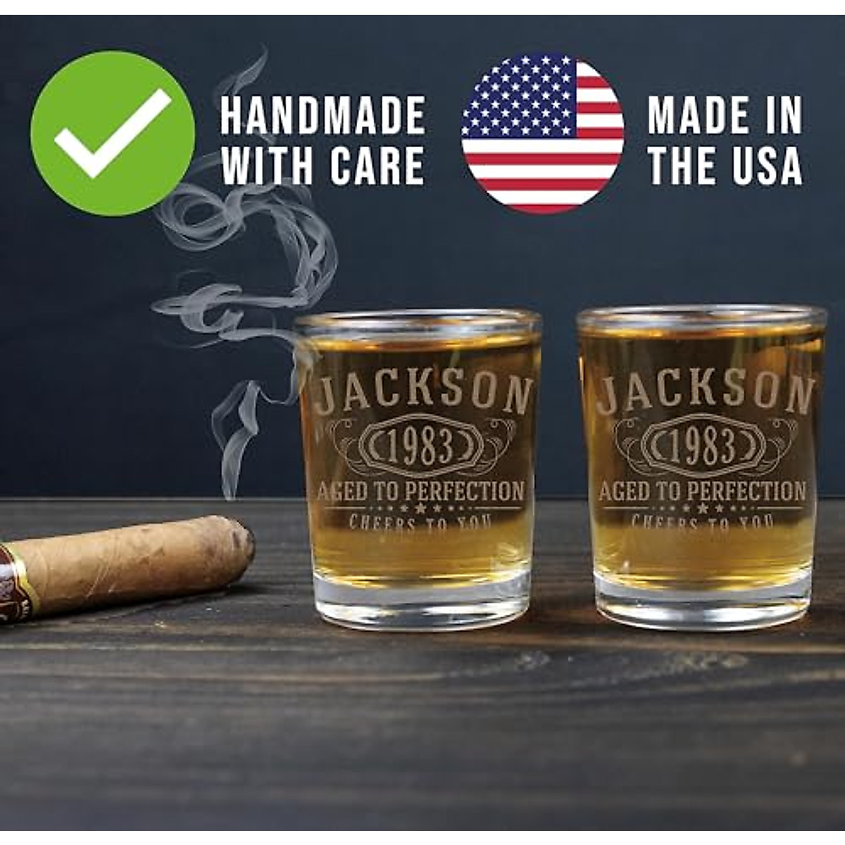 Personalized Etched 2.5oz Shot Glasses 2pk - Customized Birthday Gifts Men Women, Custom Engraved Name Age, Anniversary Retirement Gift Ideas Him Her, Cheers to Turning Years Old, 40th, Cute, Bernard