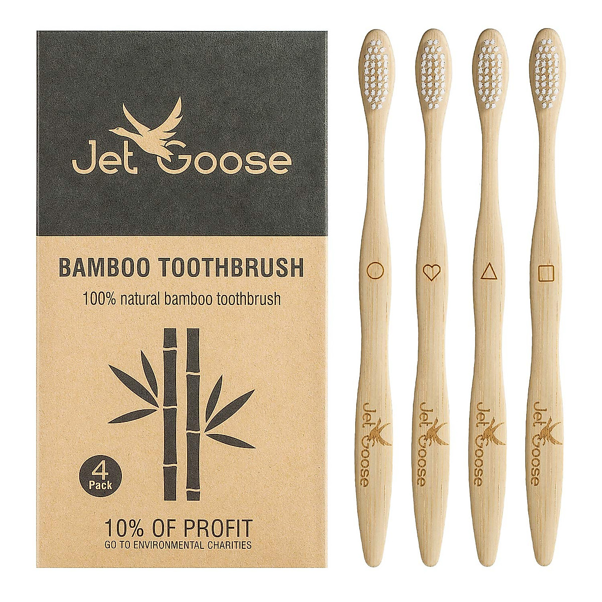 Jet Goose Bamboo Toothbrush Set | 4 Natural Eco- Friendly Biodegradable Bamboo Toothbrushes | BPA Free | Soft White Nylon Bristles