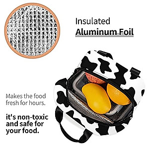carati Insulated Lunch Bag Women Girls, Reusable Cute Tote Lunch Box for Kids & Men, Leakproof Cooler Lunch Bags for School Work Office Travel Picnic, (White and Black Cow Print)