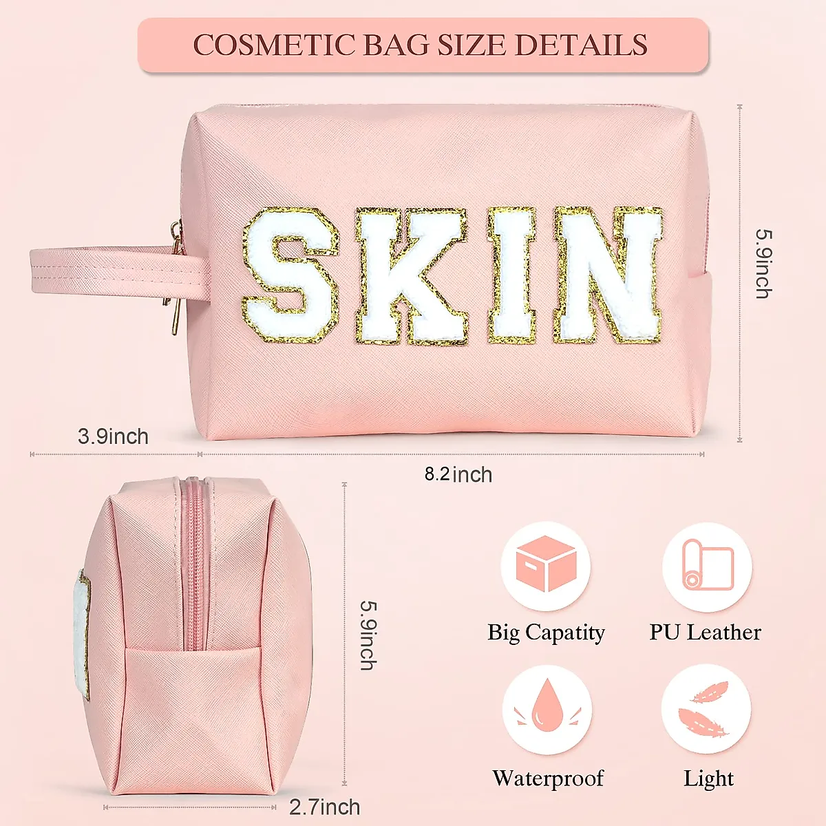 BYXEPA Makeup Bag Preppy Cosmetic Bag with Net Pocket SKIN Letter Patch Bags Waterproof Compliant Bag Case for Gift Daily Travel Use Accessories