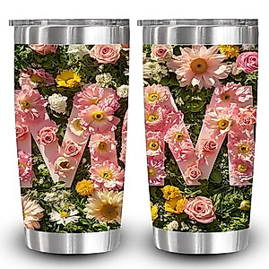 FOCIUZTA 20oz Pink, White & Yellow Floral MOM Lettering Tumbler with lid, Travel Coffee Cup, Ideal for Easter, Mother Day, and birthday gifts