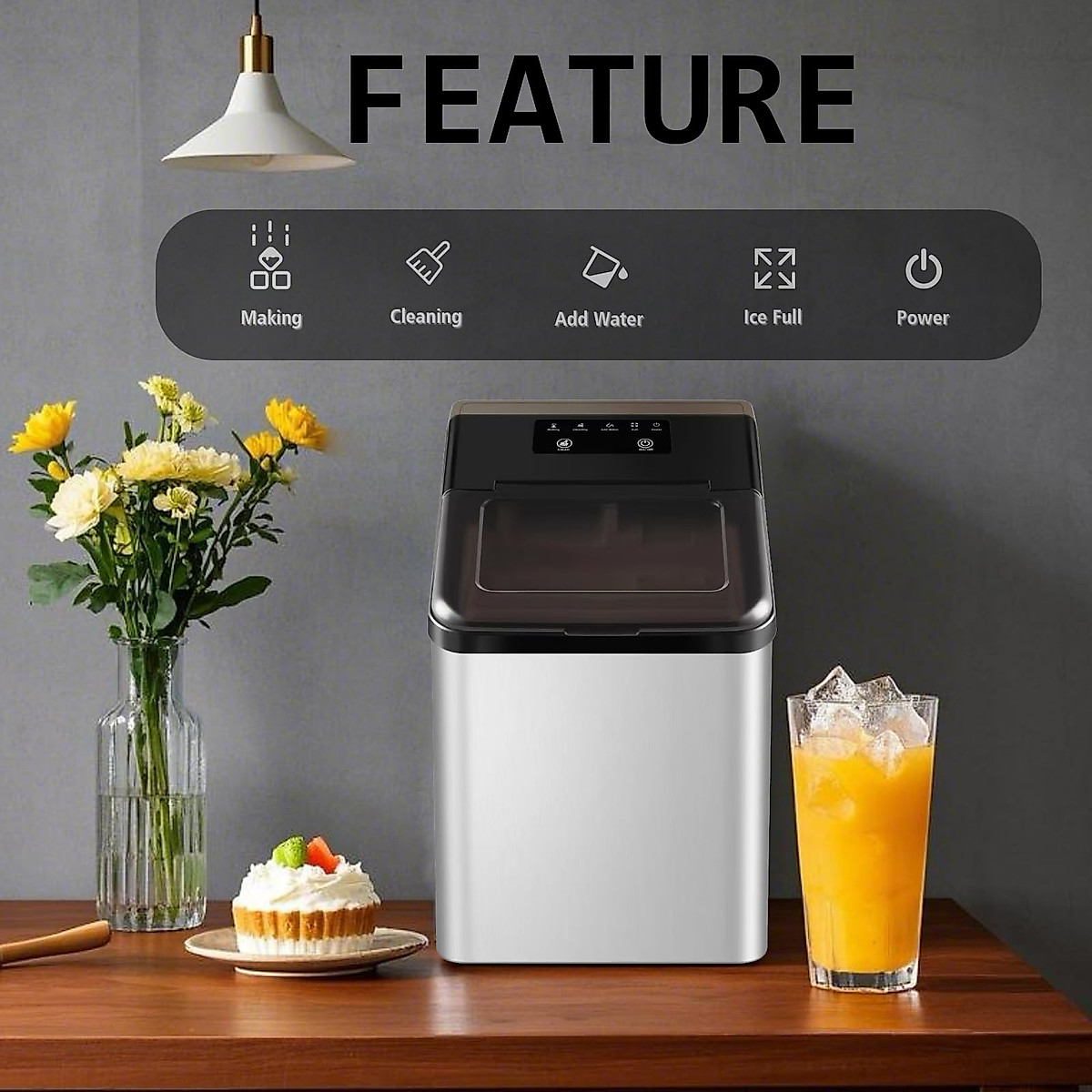 HAILANG Nugget Ice Maker Countertop, Pebble Ice Machine with Chewable Pellet Ice, 34Lbs/24H, Self-Cleaning, Portable Sonic Ice Maker Ready in 6 Mins, for Home/Kitchen/Office(Stainless Steels)