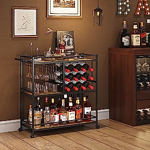 Lifewit Bar Cart for The Home, 3 Tier Drink Cart with Lockable Wheels, 12 Wine Rack and 3 Rows Glass Holders, Liquor Serving Cart for Kitchen Dining Livingroom, 31.6" x 13.1" x 33.9", Rustic Brown