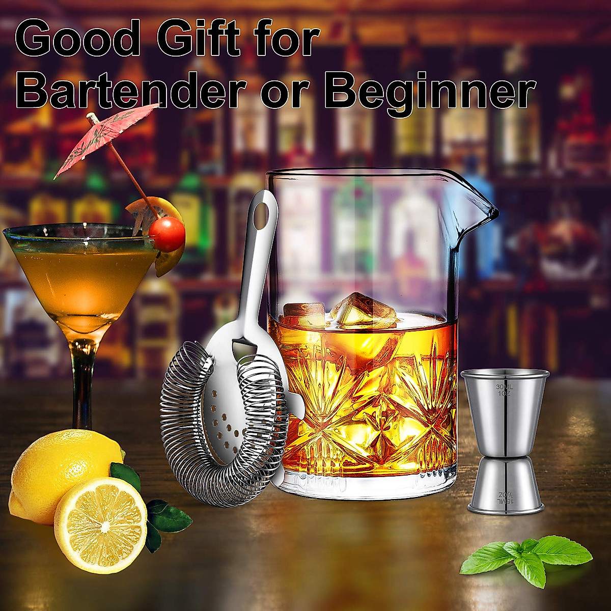 Cocktail Mixing Glass, veecom 18oz Crystal Mixing Glass Bartender Kit, 3 Piece Old Fashioned Cocktail Set with Strainer, Jigger, Bar Tools Cocktail Shaker Set, Cocktail Mixer Stirring Glass