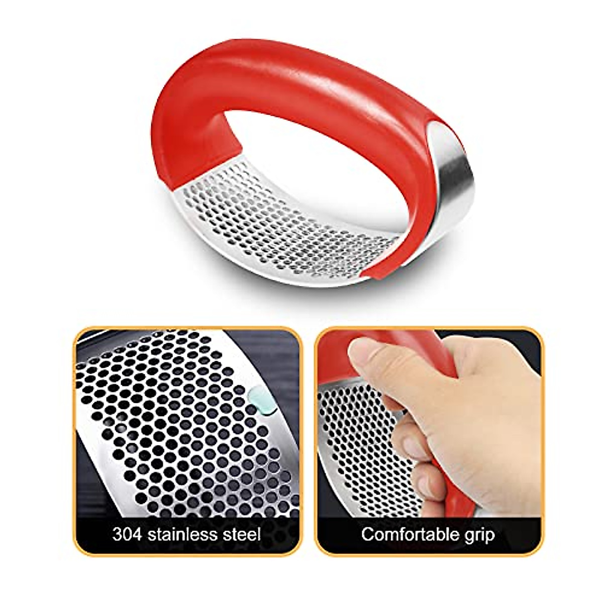 KUFUNG Garlic Press, Garlic Mincer Premium Garlic Press Rocker Garlic Press Stainless Steel, Arc Shape Design Garlic Crusher With Comfortable Grip (Red, M)