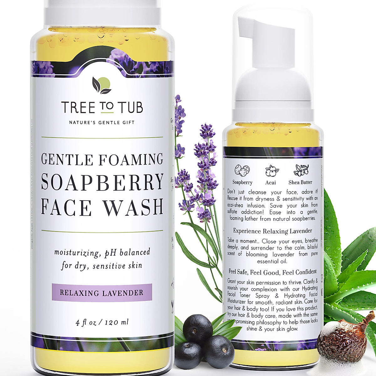 Tree to Tub Sensitive Skin Face Wash for Dry Skin - Moisturizing Gentle Face Cleanser for Women & Men, Hydrating Foaming Facial Cleanser, Daily Face Soap w/Organic Aloe Vera, All Natural Lavender Oil