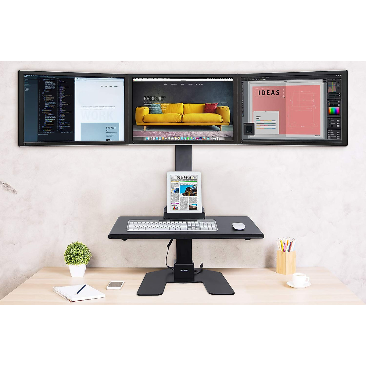 Mount-It! Triple Monitor Electric Standing Desk Converter - 3 Screens Stand Up Desk Riser - Height Adjustable Desktop & 3 Mounts for Screens up to 32", Sit-Stand Convertor for Home, Office, School