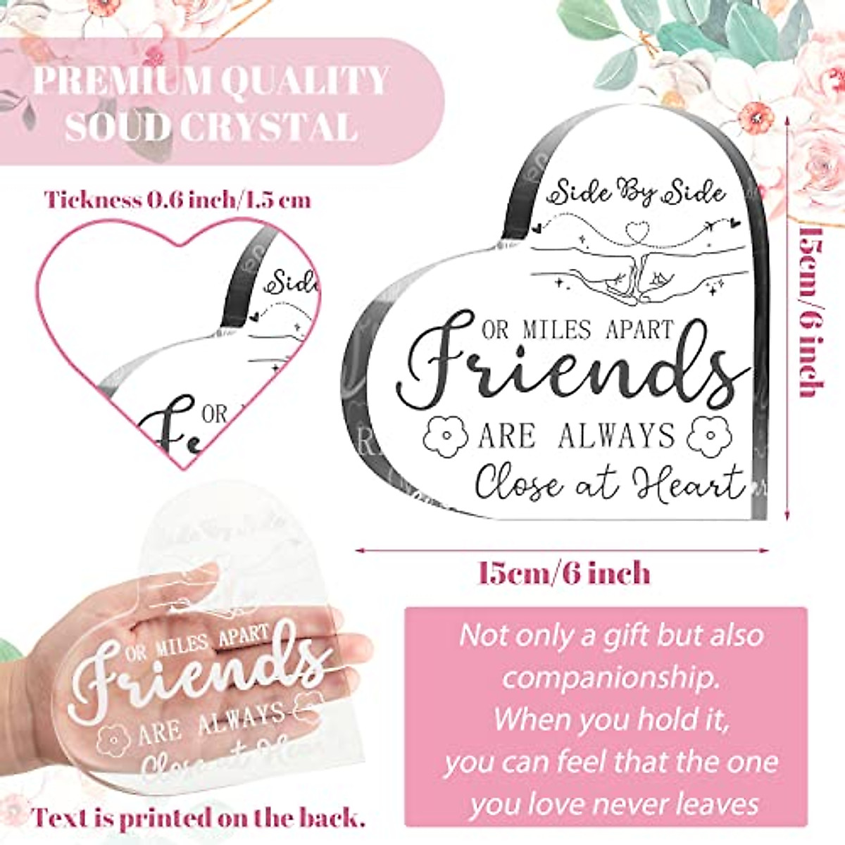 Friend Birthday Gifts for Women Keepsake Paperweight Friendship Gifts for Friends Acrylic Christmas Friends Gift with Quotes Side by Side or Miles Apart Friends Are Always Close at Heart (Flower)