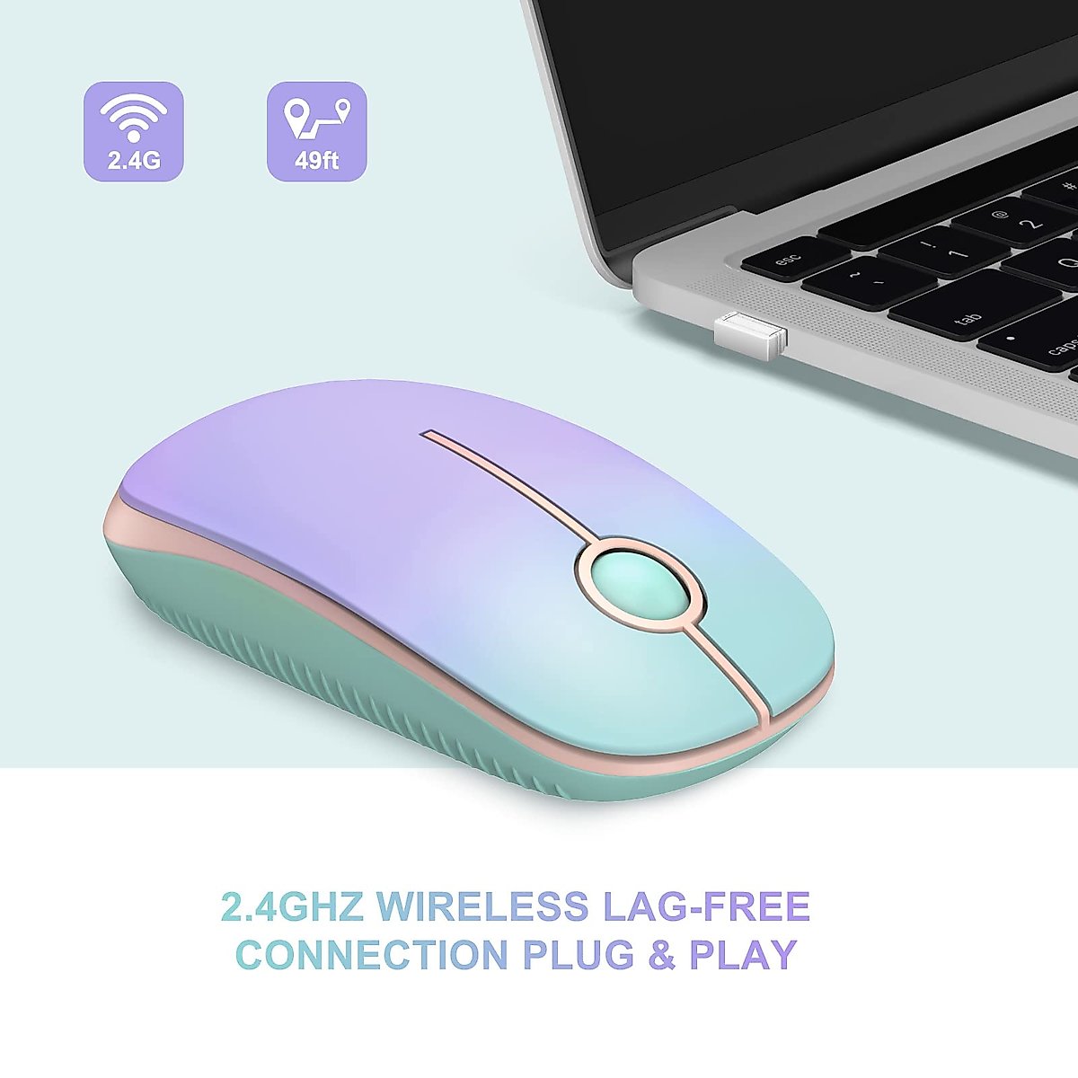 Unipows Wireless Mouse - 2.4G Slim Portable Computer Mouse with Nano Receiver, Less Noise Mobile Optical Mice for Notebook, PC, Laptop, Computer, Mac (Gradient Mint Green to Purple)