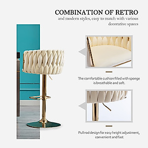 Kiztir 360° Velvet Swivel Bar Stools Set of 4, Adjustable Counter Height Bar Chairs with Woven Back & Footrest, Luxury Gold Bar Stools for Kitchen Island, Cafe, Pub (Ivory)