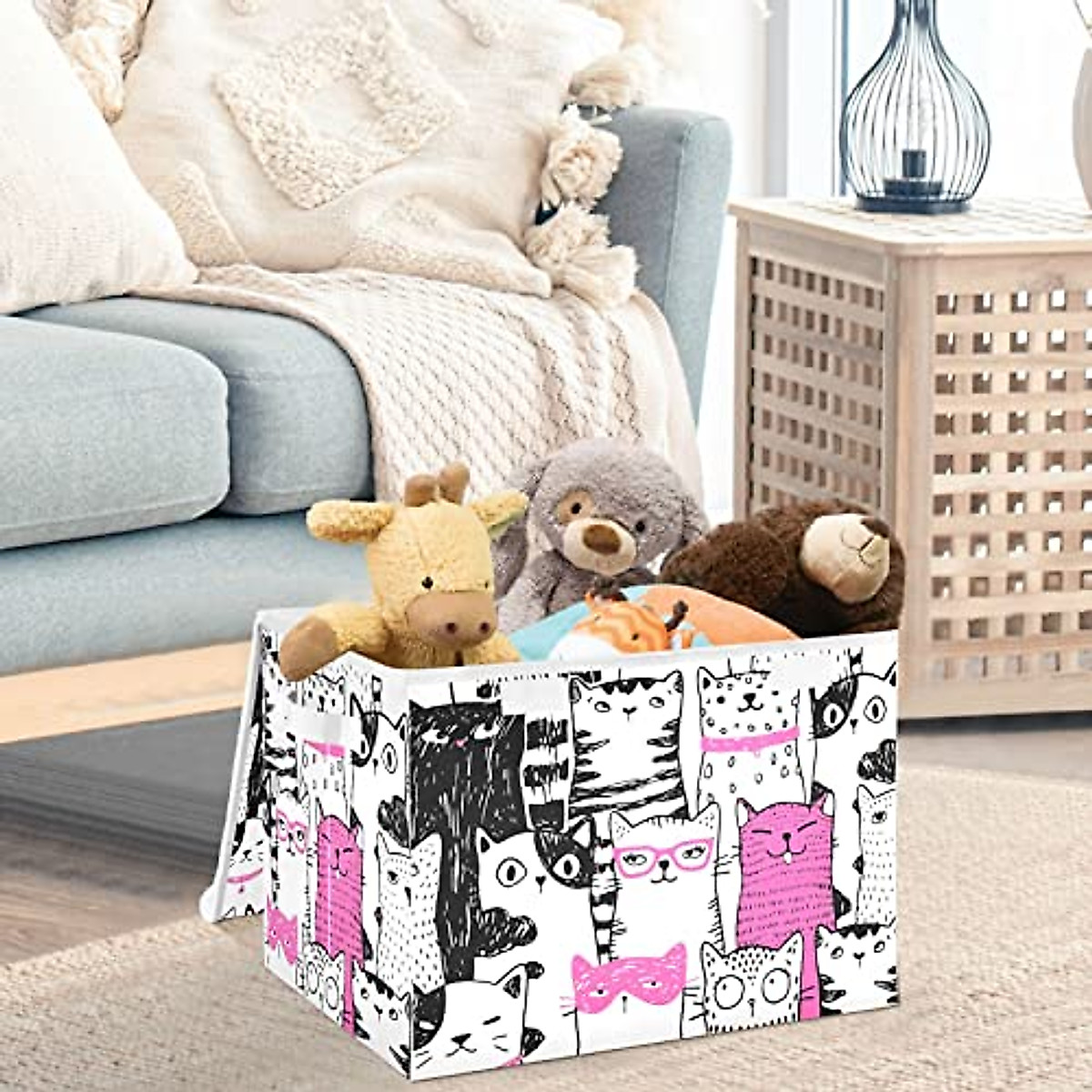 CaTaKu Cute Cat Funny Storage Bins with Lids and Handles, Fabric Large Storage Container Cube Basket with Lid Decorative Storage Boxes for Organizing Clothes