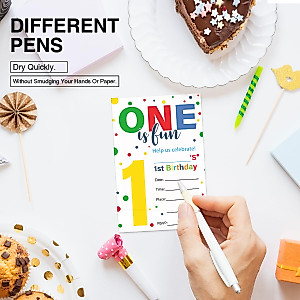 EUDOSI One is Fun 1st Birthday Party Invitations Supplies Fill-In Set of 20 with Envelopes Polka Dot 1st Birthday Bash Invites Cards, Double Sided