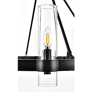 Linea di Liara Teramo Matte Black Chandelier Dining Room Light Fixture Small Wagon Wheel Chandelier Round Industrial Modern Farmhouse Chandeliers for Dining Room Foyer, Clear Glass, UL Listed