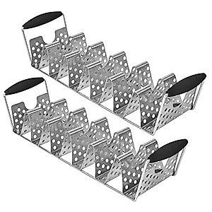 BLACKSTONE 5551 Deluxe Holder Stand Pack of 2 Stainless Steel Racks with Heat Resistant Handles-One Tray Holds 6 Tacos-Dishwasher Safe, Black/Silver