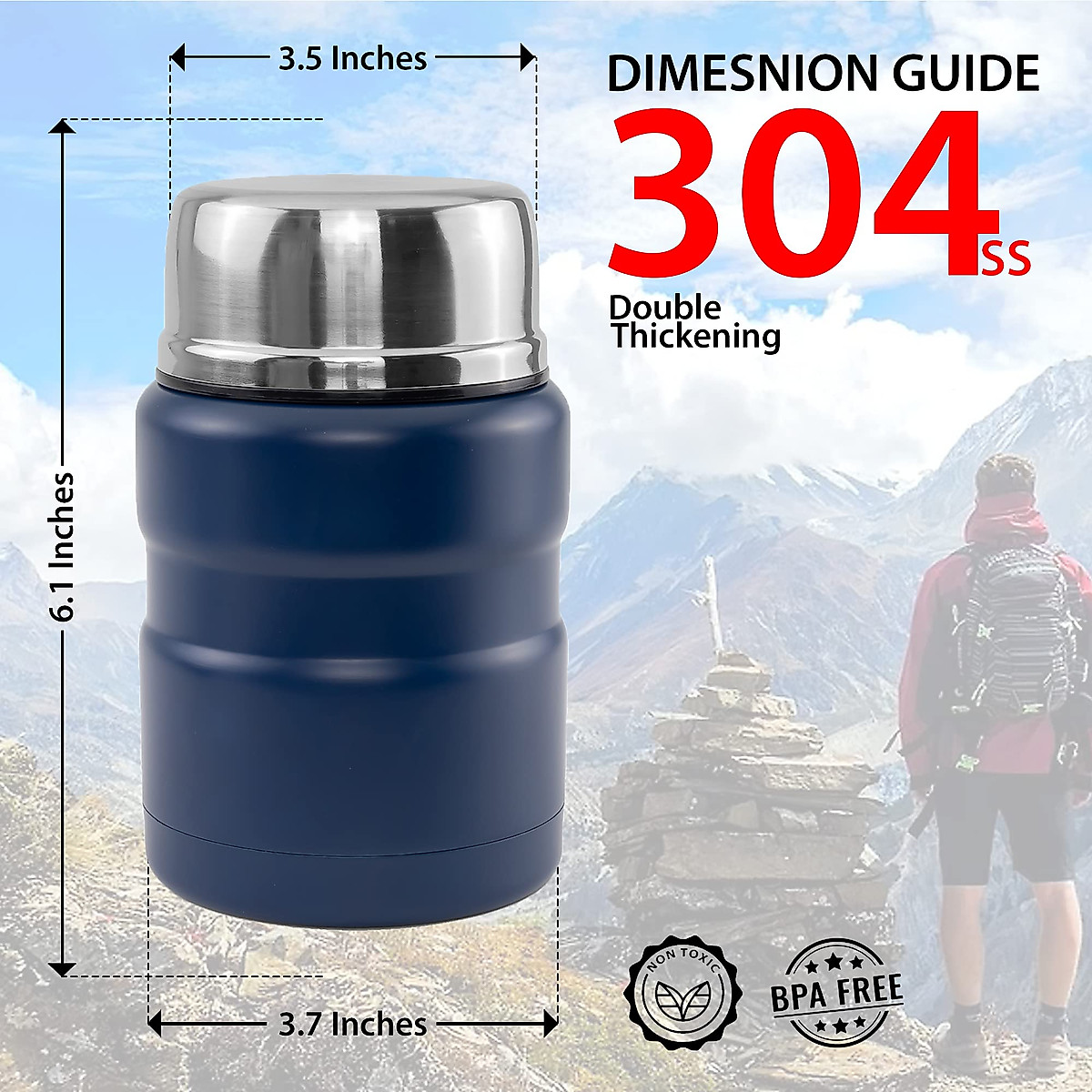 Double Wall Stainless Steel Wide Mouth 16.9 Ounce (500ml) Insulated Food Thermos for Hot Food - Leak Proof Vacuum insulated Food Jar with folding spoon for School, Office, and Travel etc. – Navy Blue