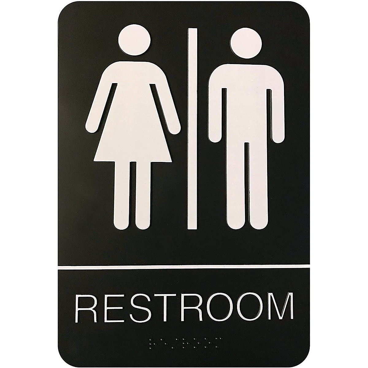 CORKO MANUFACTURING Unisex Braille Restroom Sign - Comes with Graphical Symbols and Double Sided 3M Tape to Secure Perfectly in Less Than a Minute - Size 9 x 6 Inch | Black