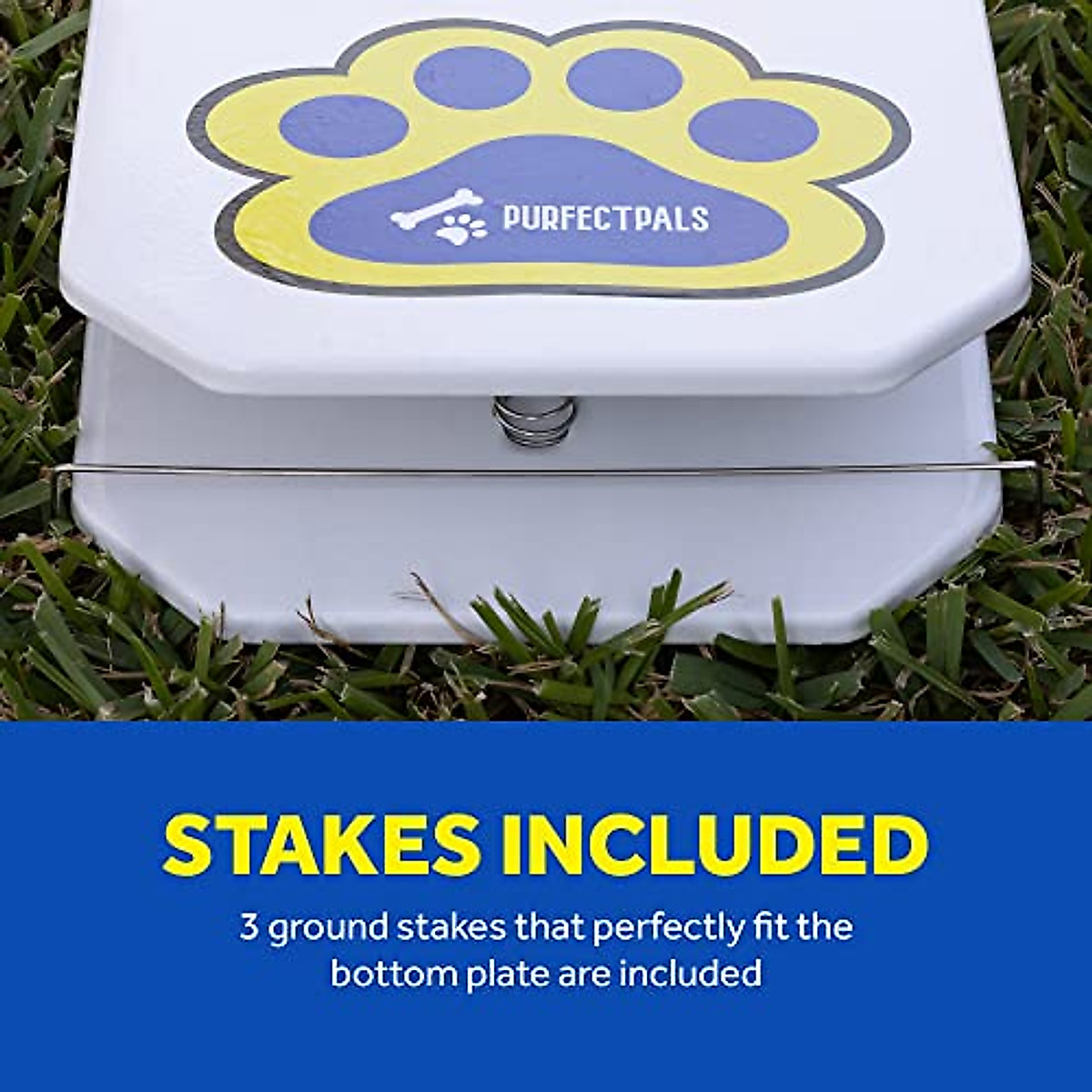 PurfectPals Dog Water Fountain, Step On Paw Activated Dispenser for Dogs, Upgraded Sprinkler, Easy to Use and Sturdy Fresh Drinking, White, Blue, Yellow