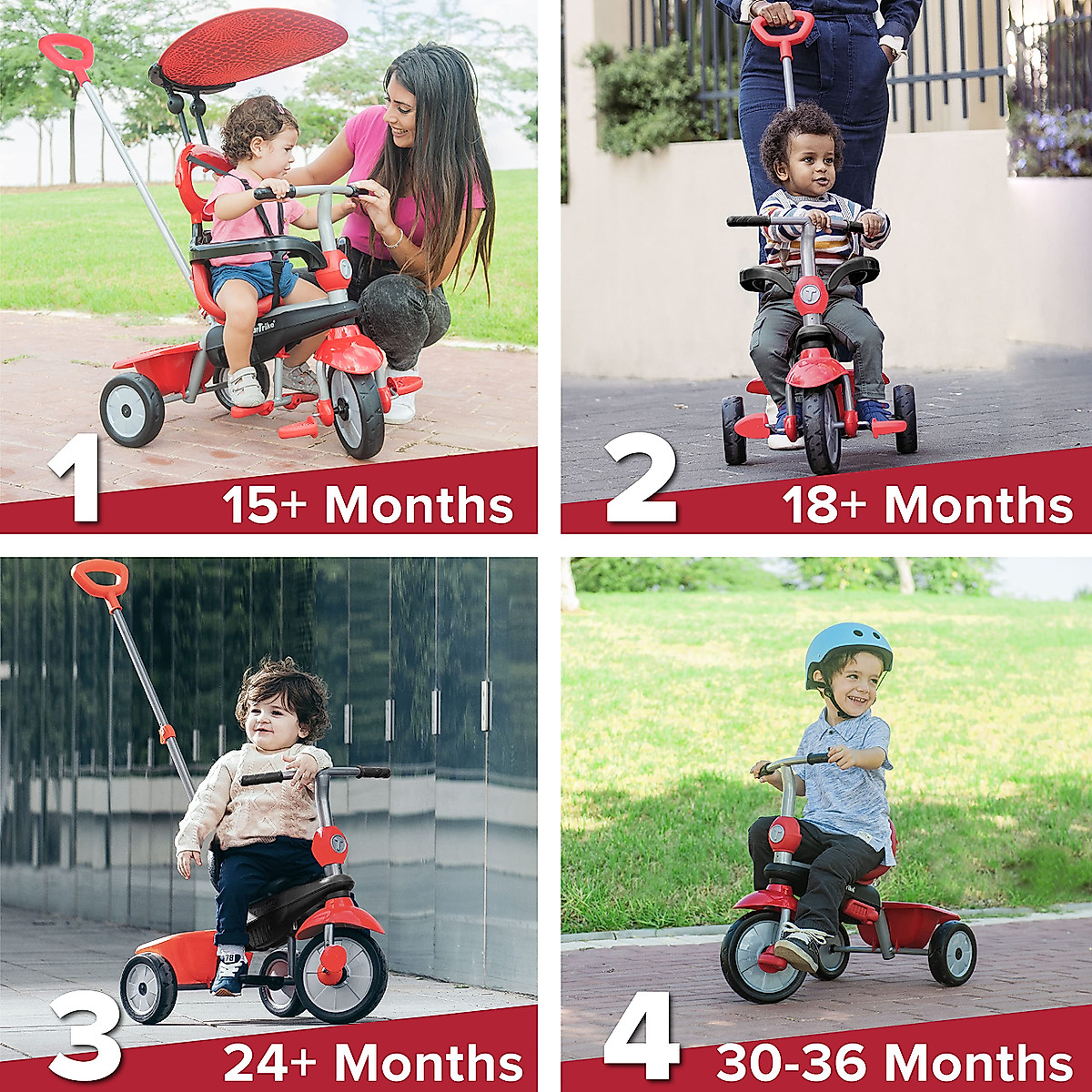 smarTrike Kids Adjustable Tricycle Push Bike Trike Ride On Toy with Parent Control Button for Toddler Ages 15 Months to 3 Years, Red