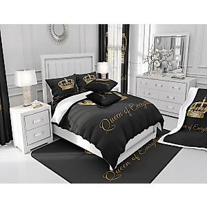 jejeloiu Queen Pattern Bedding Set Kids Crown Printed Comforter Set Modern Comforter for Women Men Room Decor Abstract Art Gold Black Duvet Set Queen Size with 2 Pillow Case
