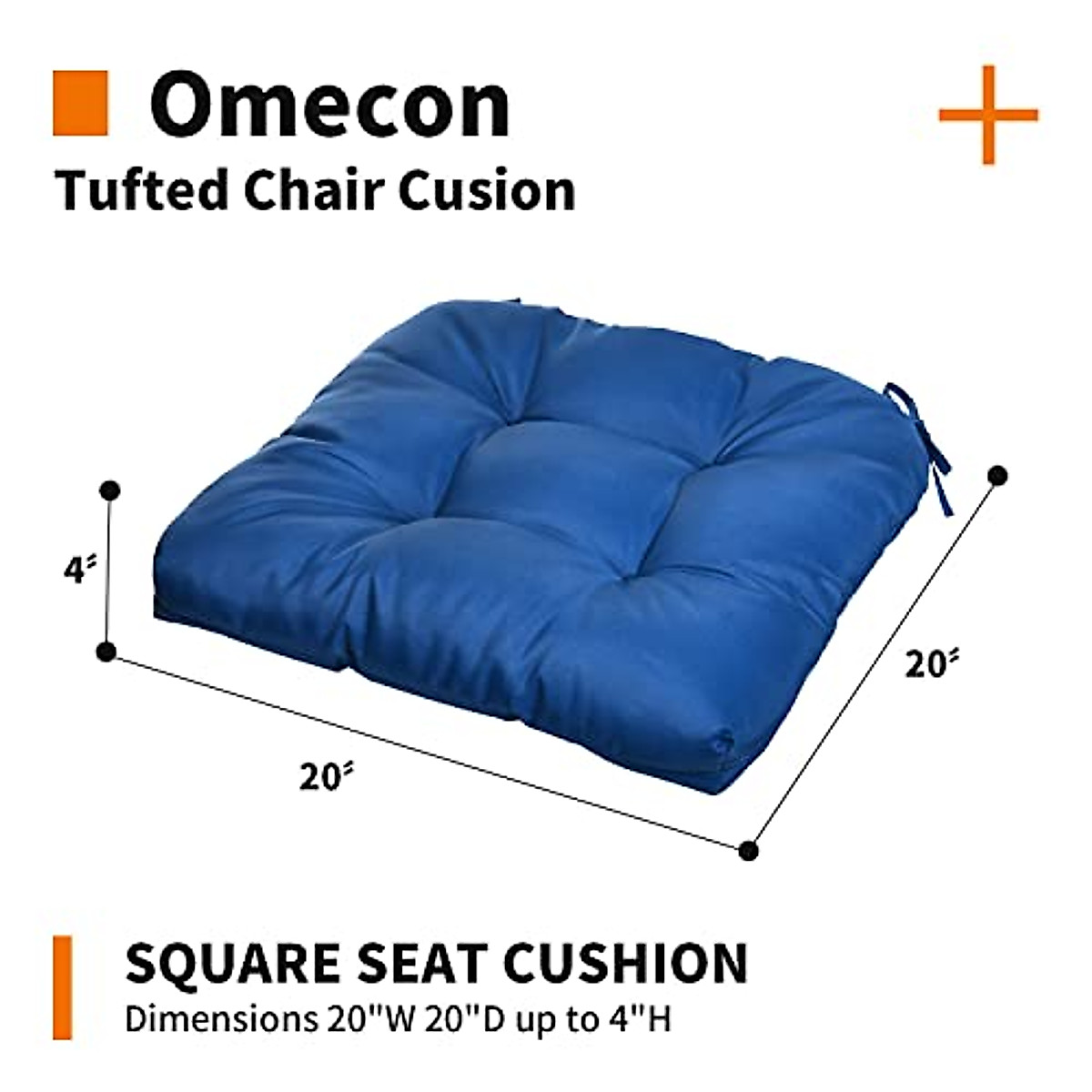 Outdoor Chair Cushion 20”x20”x4”, Tufted Water-Repellent Patio Seat Cushions with Non-Slip Ties, 2 Count, Navy