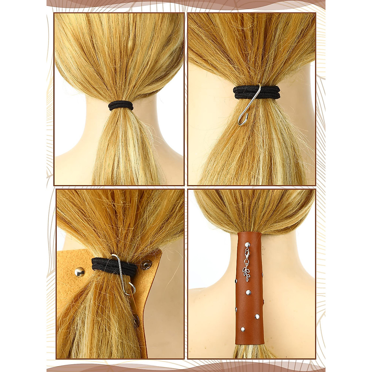 Otuuz 4 Pcs Leather Hair Wrap Motorcycle Ponytail Hair Wrap Hair Ties for Woman PU Hair Wrap Thick Ponytail Holder Braided Helmet Hair Accessories for Women(6 Inch,Black, Coffee, Brown, Reddish Brown)