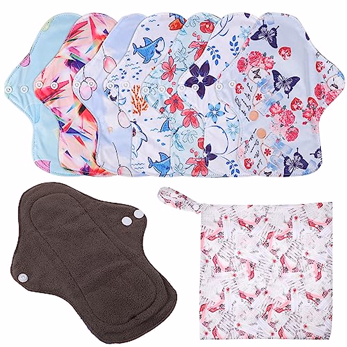 Healifty 7Pcs Reusable Menstrual Pads, Washable Bamboo Charcoal Cloth Pads with Wet Bag, Reusable Panty Liners, Reusable SanitaryPads for Women