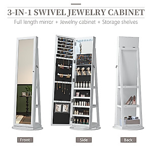 LVSOMT LED Mirror Jewelry Cabinet Standing, 360° Swivel Jewelry Organizers and Storage, Farmhouse Mirror with Jewelry Storage, Lighted Jewelry Armoire with Full Length Mirror (Pure White)