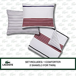 Lacoste 3-Piece Milady Cotton Duvet Cover Set, Reversible Stripes, Red, Full/Queen