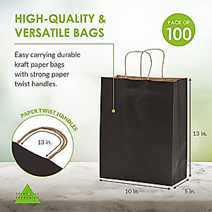 Black Gift Bags with Handles - 10x5x13 Inch 100 Pack Medium Kraft Paper Shopping Bags, Craft Totes in Bulk for Boutiques, Small Business, Retail Stores, Birthdays, Party Favors, Jewelry, Merchandise