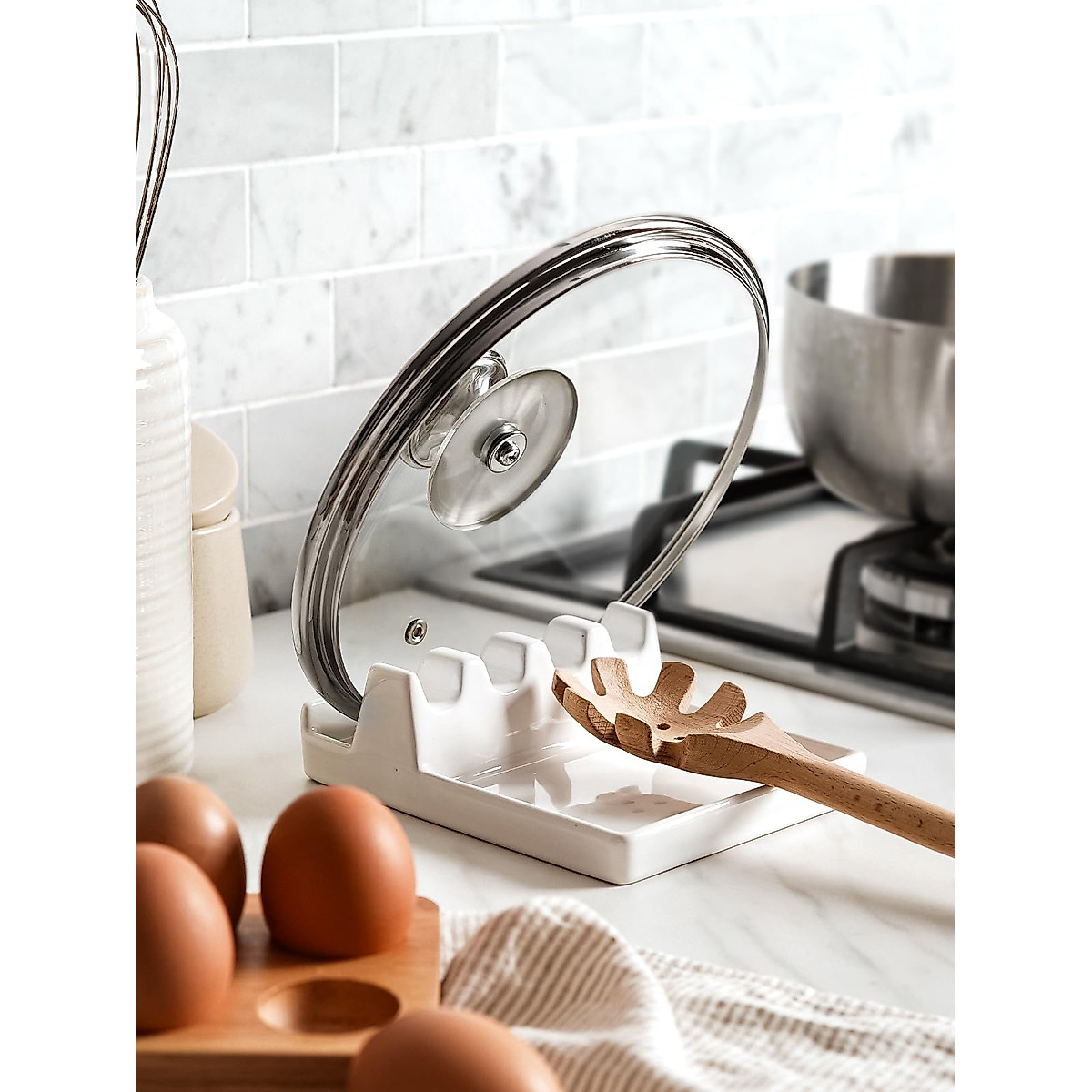 LE TAUCI Ceramic Spoon Rest for Stove Top, Spoon and Lid Rest for Kitchen Counter, Spoon Holder with Drip Pad for Multiple Utensils, Heat-Resistant, Housewarming Present - 6.2 inch, Set of 1, White